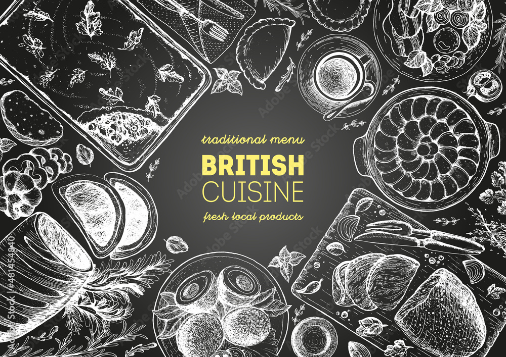British cuisine top view frame. Food menu design with traditional ...
