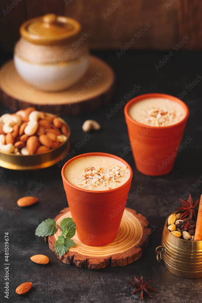Kesar Badam milk shake Almond Saffron milk serving smoothie terracotta ...
