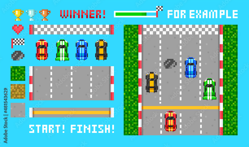 Pixel art 8-bit Race game with Cars and objects - vector design. Pixel ...