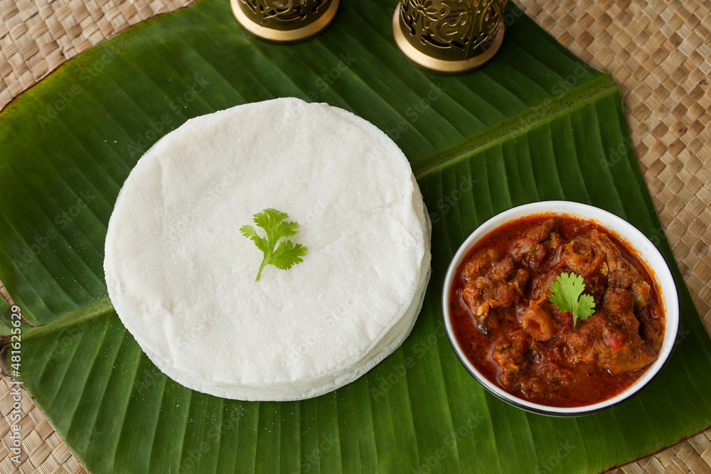 Rice Pathiri , pathir flat bread with spicy meat mutton curry coconut ...