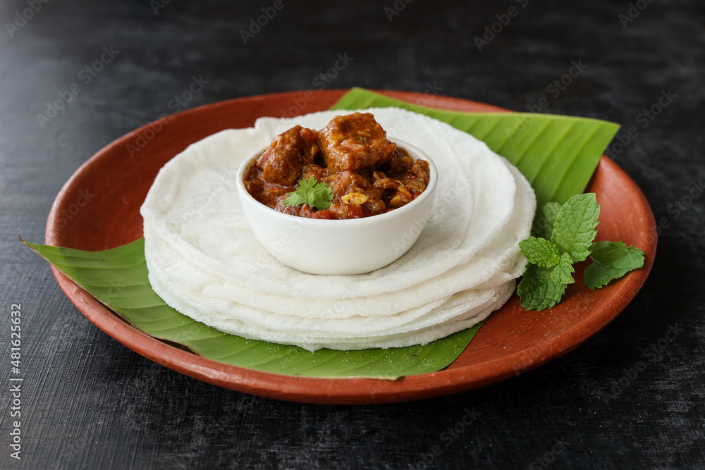 Rice Pathiri , pathir flat bread with spicy meat beef curry coconut ...