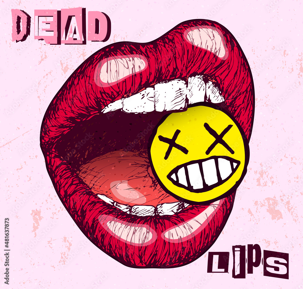 Dead Lips. Hand drawn punk red lips mouth biting a funny dead emoticon ...