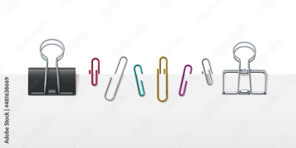Realistic metal paper binder clips, clamps and sheet holders. Office ...