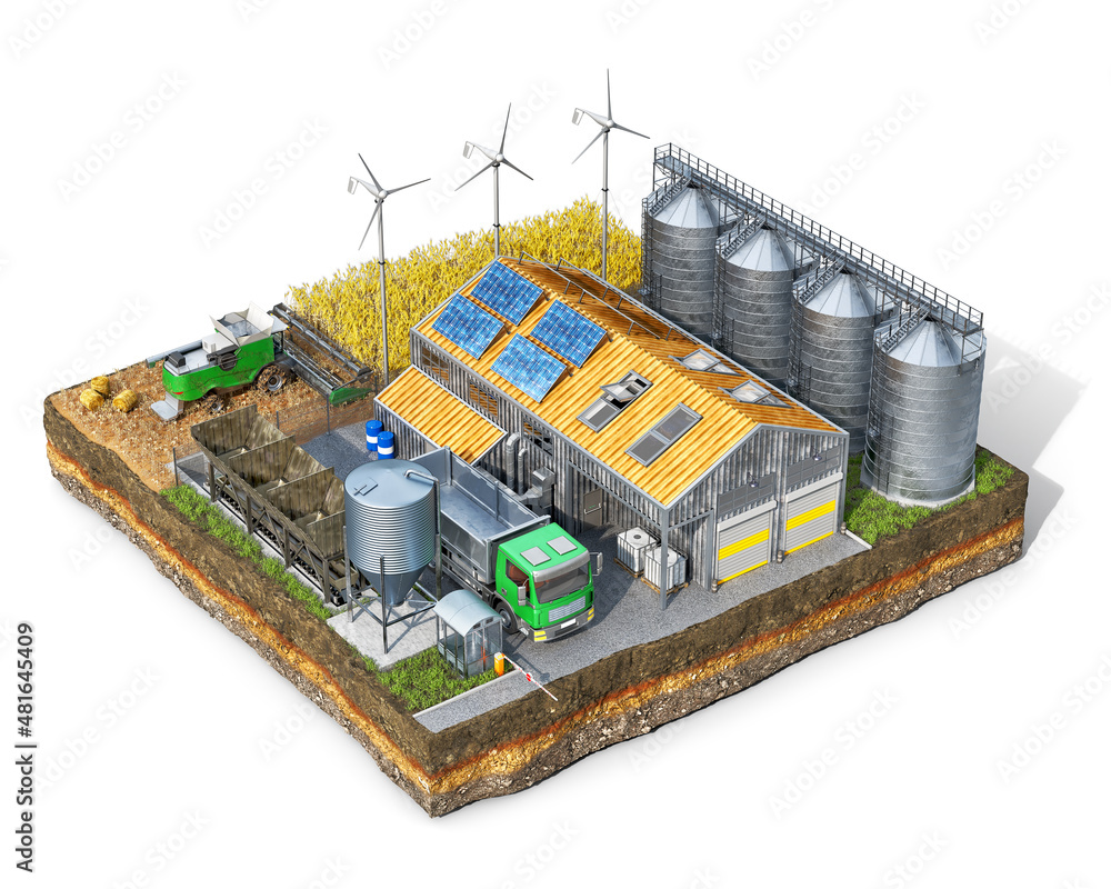 Agriculture factory on a piece of ground with main building, truck ...