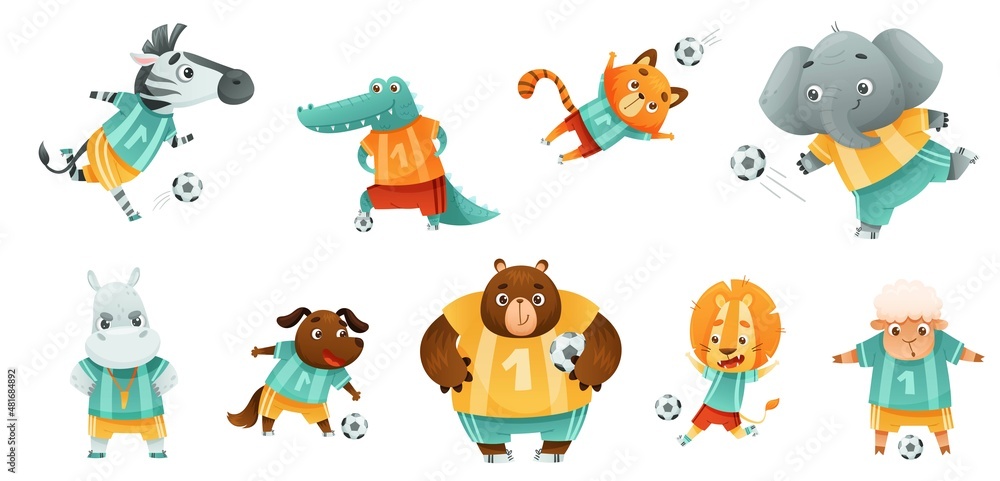 Team of wild animals playing soccer. Cute lion, zebra, cat, elephant ...