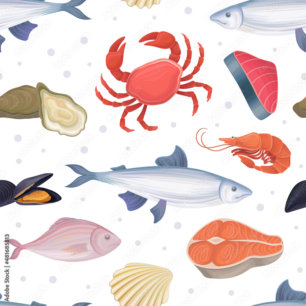 Organic fresh seafood seamless pattern. Background, wallpaper, cover ...