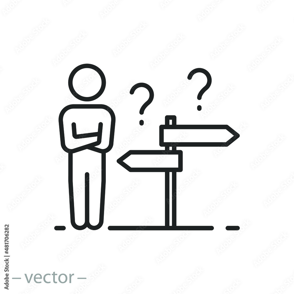 pathway choice icon, lost man at crossroad, direction decision, making ...
