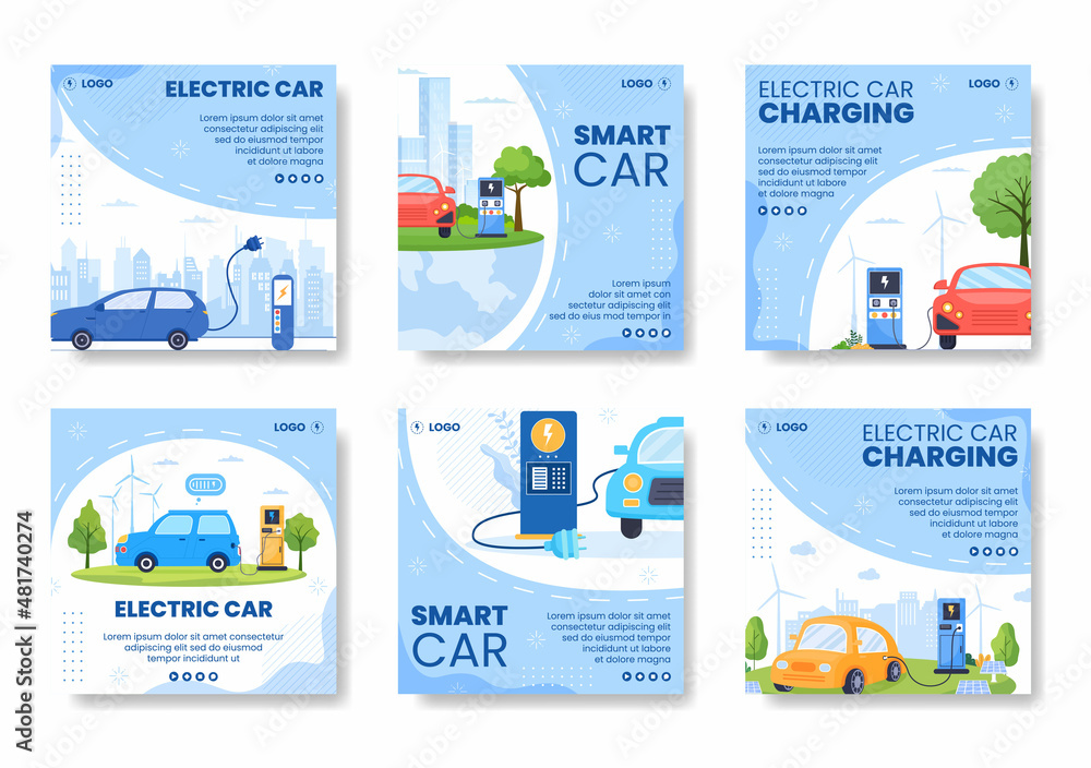 Charging Electric Car Batteries Post Template Flat Illustration ...