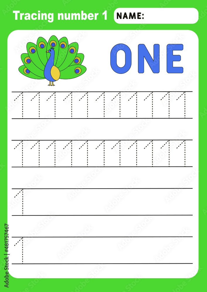 Trace line numbers for kindergarten and preshool kids. Tracing number 1 ...