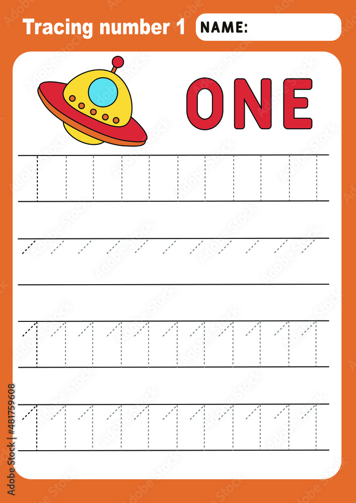 Trace line numbers for kindergarten and preshool kids. Tracing number 1 ...