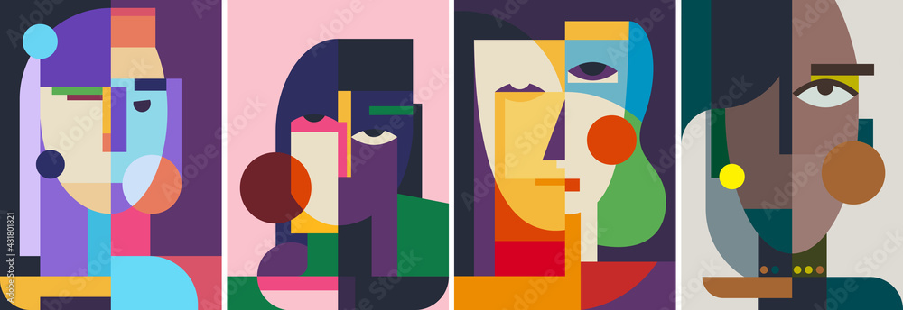 Collection of abstract portraits. Poster designs in flat style. Stock ...