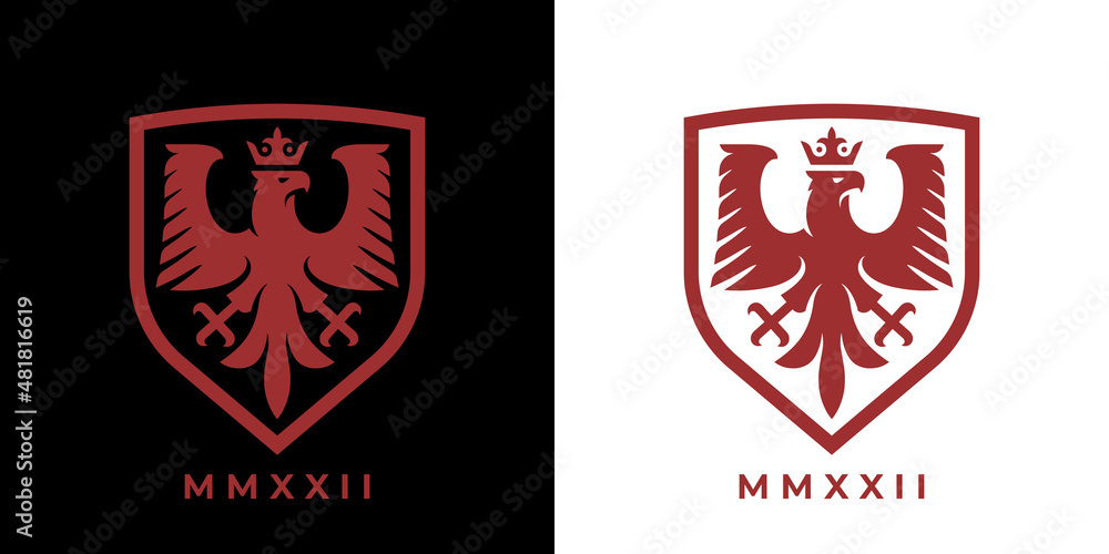 Heraldic eagle crest shield logo. Royal falcon with crown heraldry icon ...