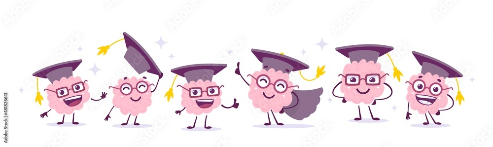 Vector creative illustration of group of happy pink brain character with graduation cap on white ...