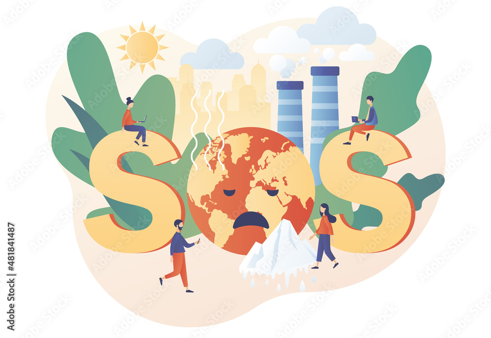 SOS - big text. Climate change. Global warming concept. Tiny people ...