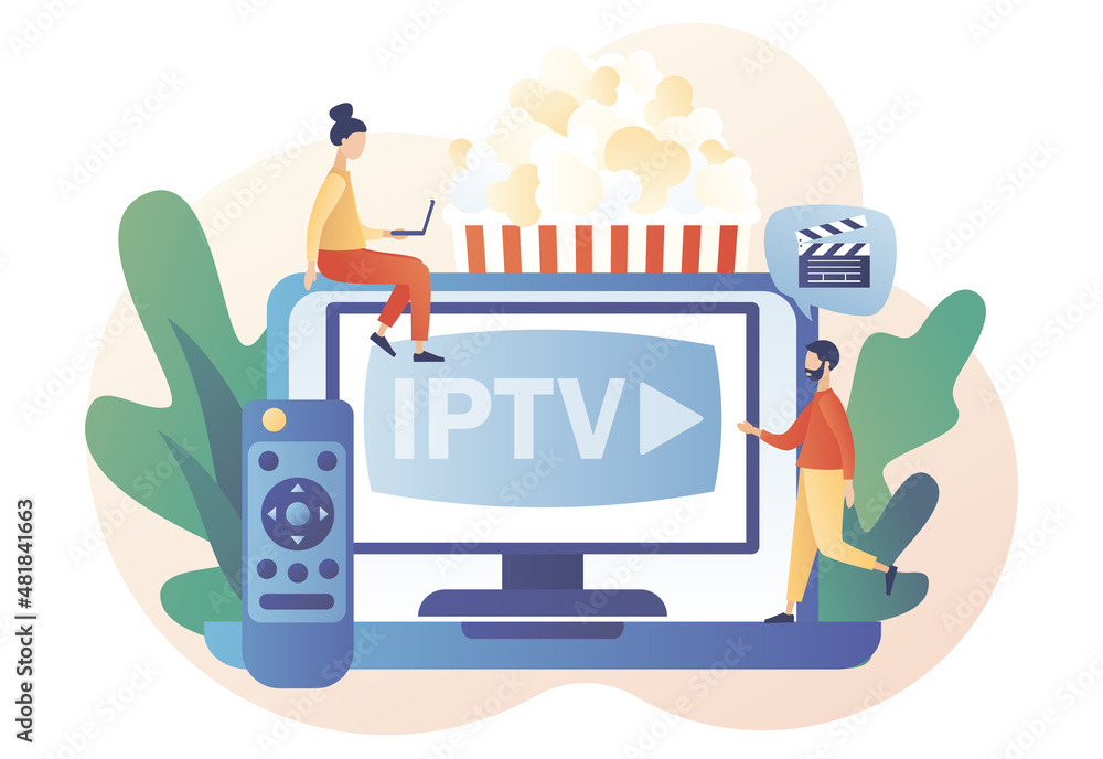 Internet protocol television. IPTV online in laptop. Tiny people watch ...