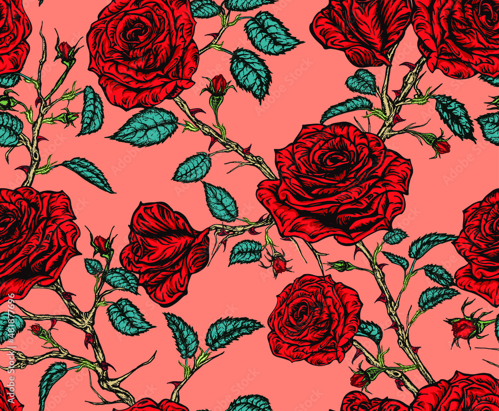 Seamless vector floral pattern of red roses with stems, leaves, buds ...