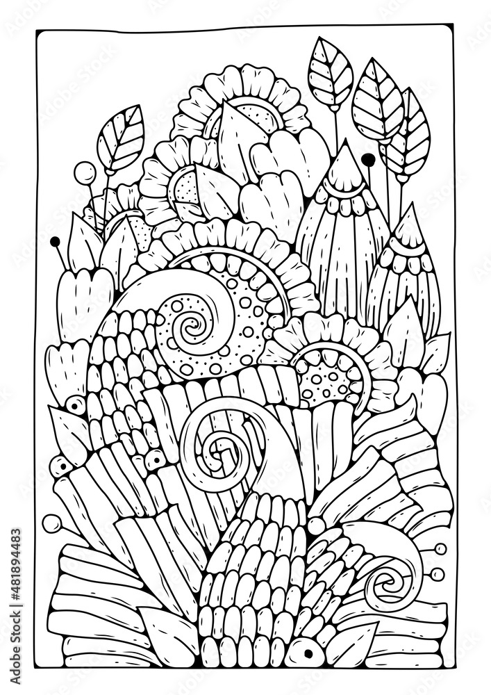 Flower coloring page. Magic garden. Art therapy. Background with ...