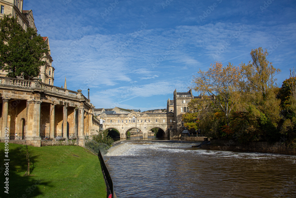 River Avon at North Parade bridge at Parade gardens in the old town of ...
