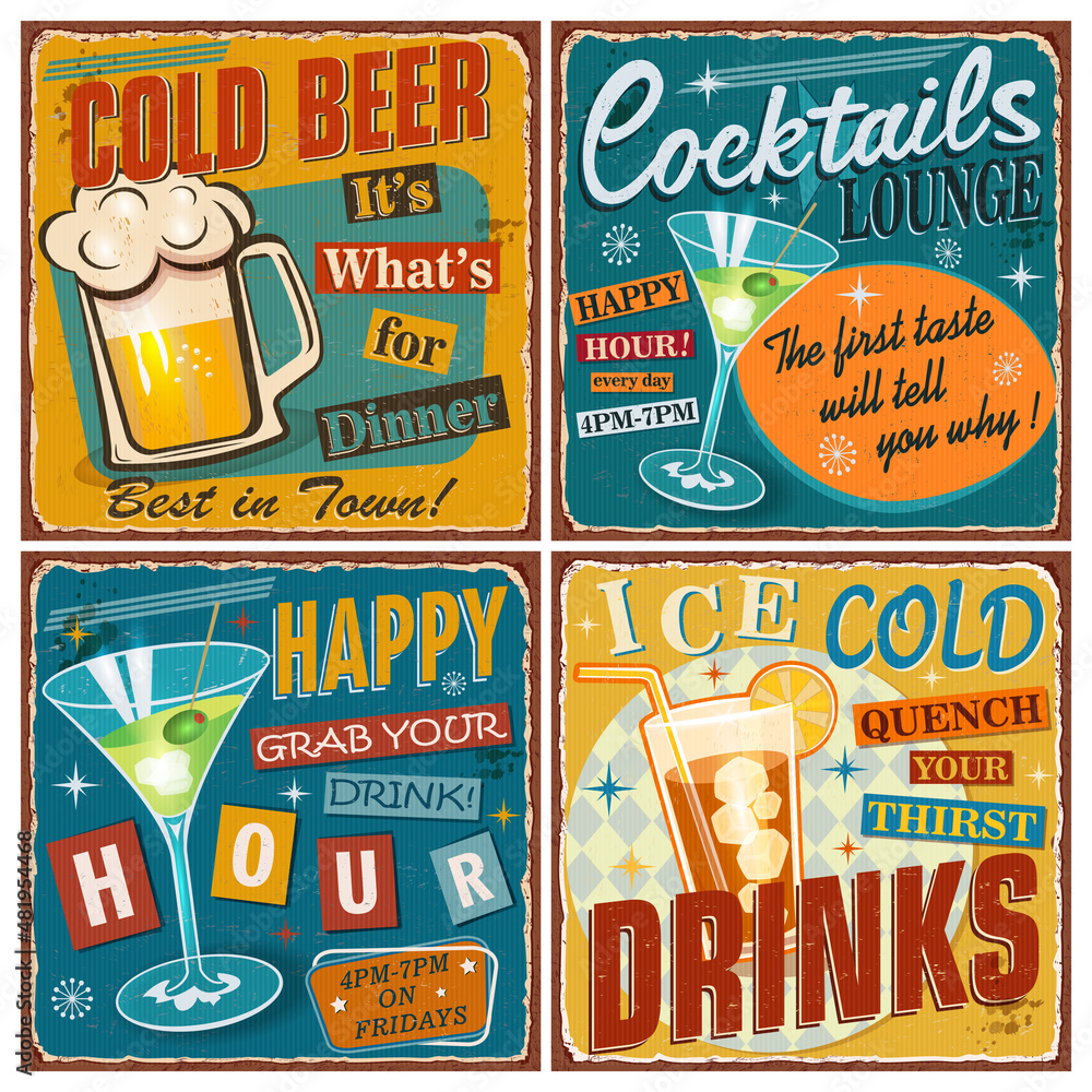 Set of retro posters with cold drinks. Vintage Beer,Cocktails,Happy ...