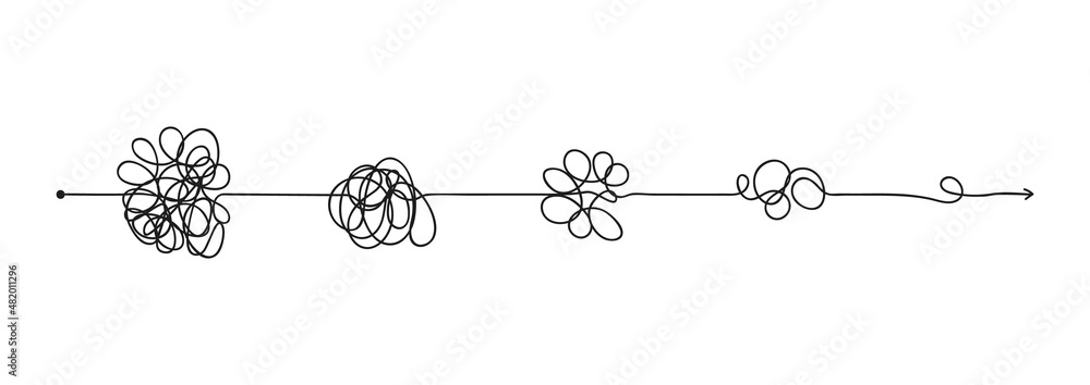 Simplifying complex problem concept, untangling chaotic arrow line. Simplification process ...