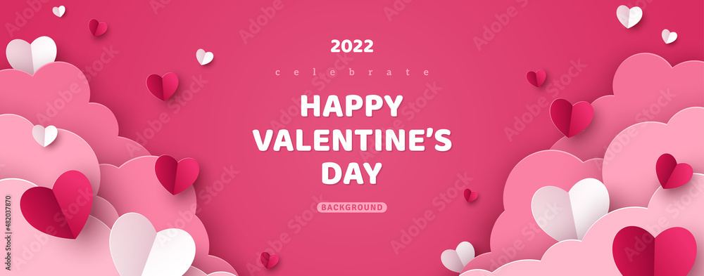 Horizontal banner with pink sky and paper cut clouds. Place for text ...