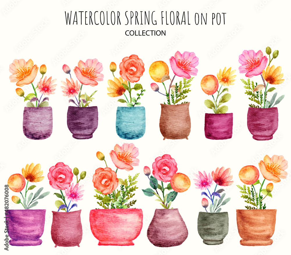 hand drawn collage of floral in pots Stock Vector | Adobe Stock
