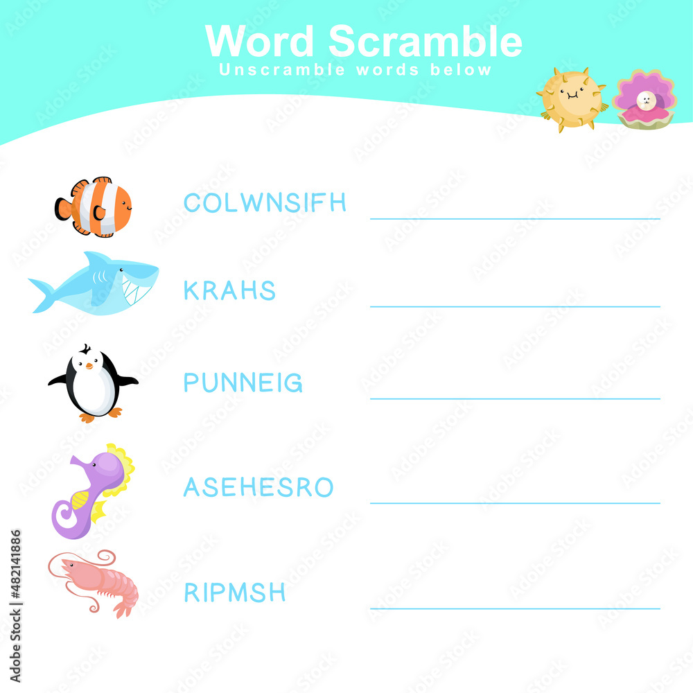 Spelling Word Scramble Game Sea Animals Edition. Worksheet for learning ...