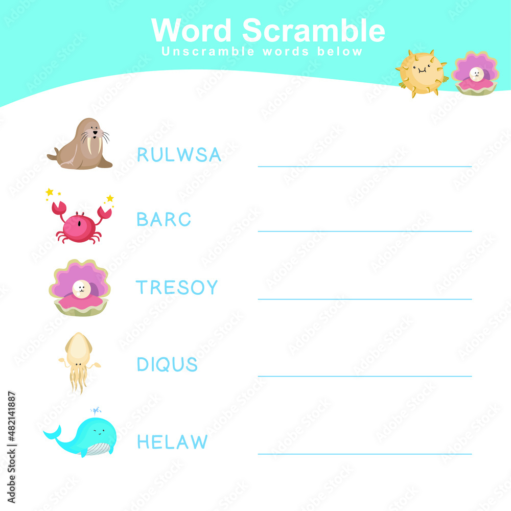 Spelling Word Scramble Game Sea Animals Edition. Worksheet for learning ...