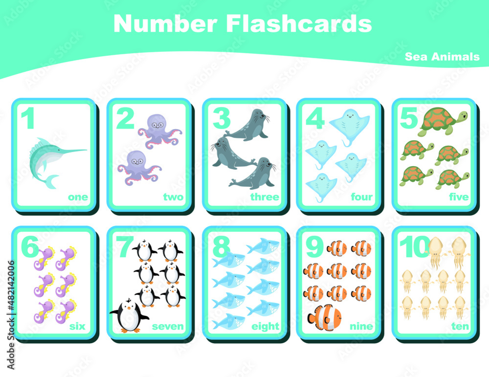 Cute number flashcards with sea animals set. English counting 1 to ten ...