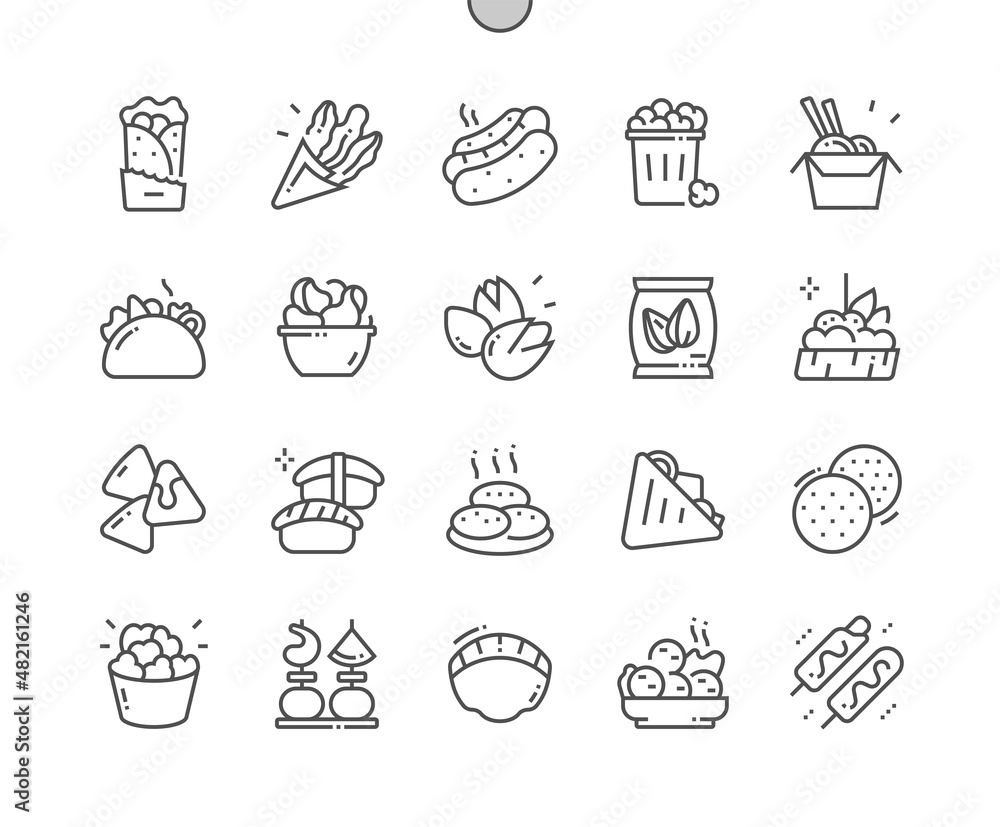 Image vectorielle Stock Appetizer and snacks. Burrito, churros, karaage ...