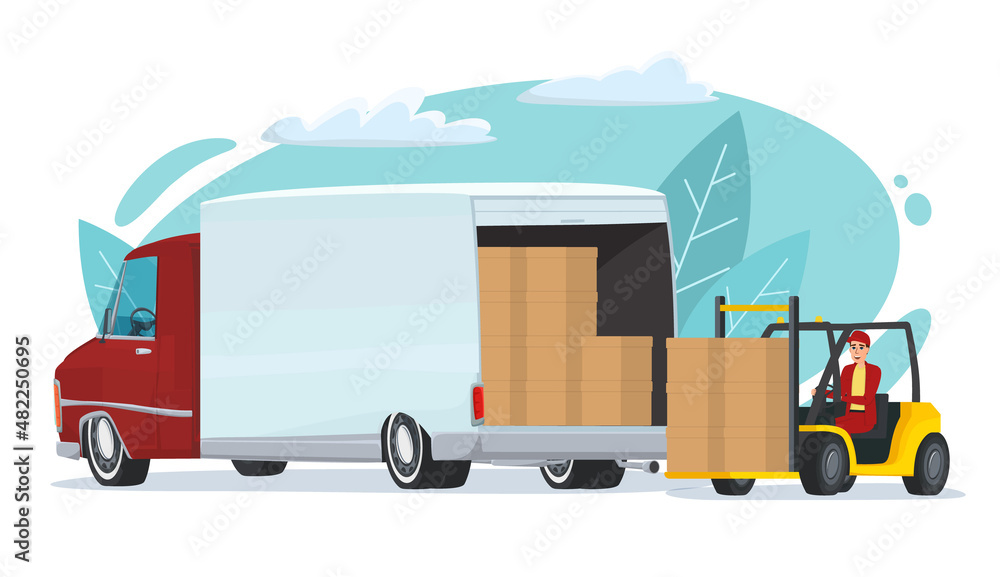 A forklift is loading boxes into a truck. An electric loader loads ...