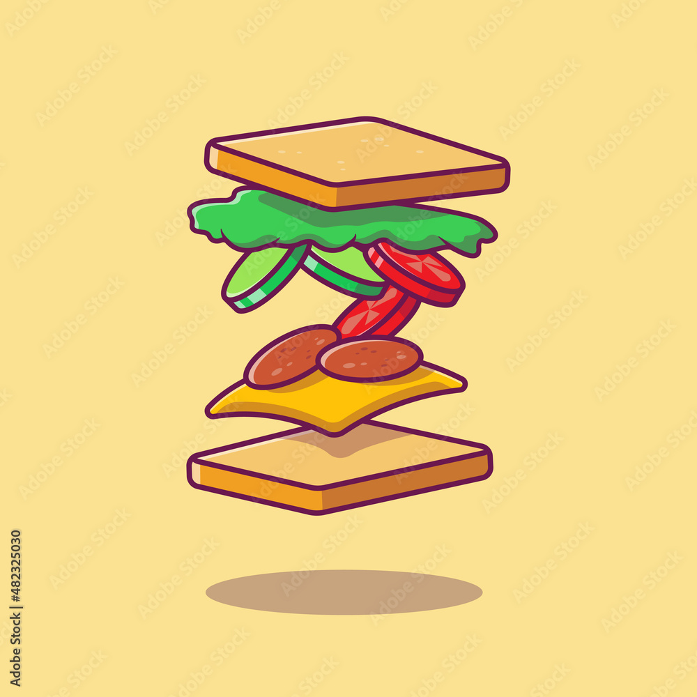 Flying Sandwich Ingredient Cartoon Vector Icon Illustration. Breakfast ...