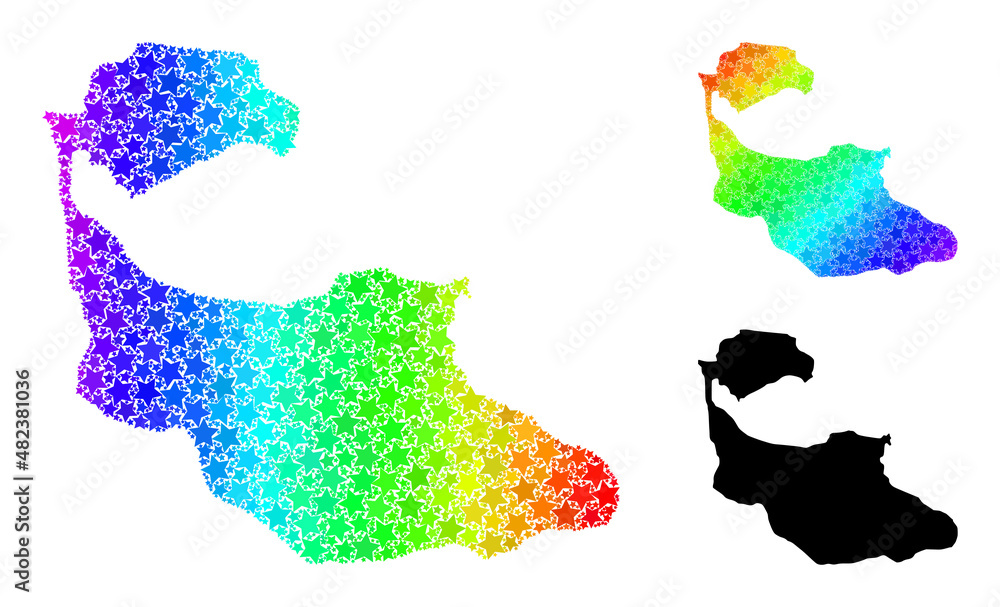 Spectral gradiented star mosaic map of Tiran Island. Vector colorful ...