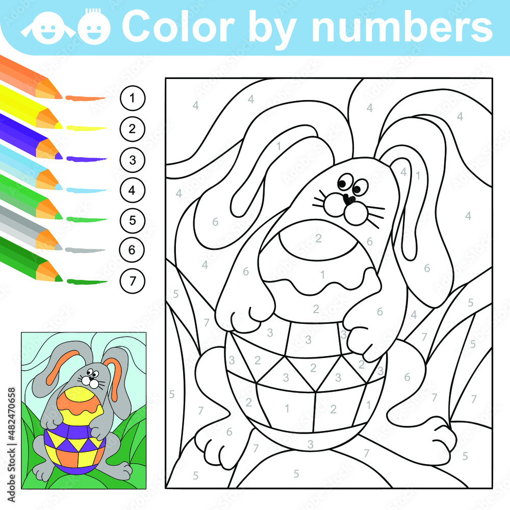 Color by Numbers. Bunny holding egg. Coloring puzzle with numbers for ...
