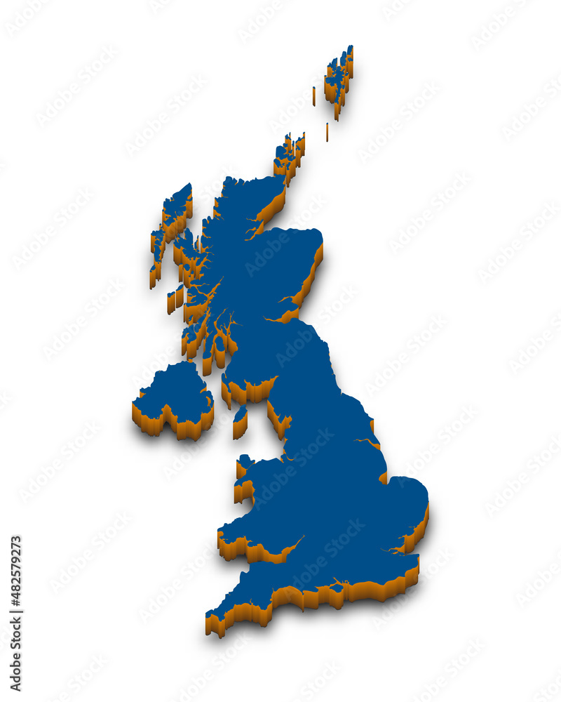 United Kingdom 3D map. Detailed 3d map with dropped shadow. Blue ...