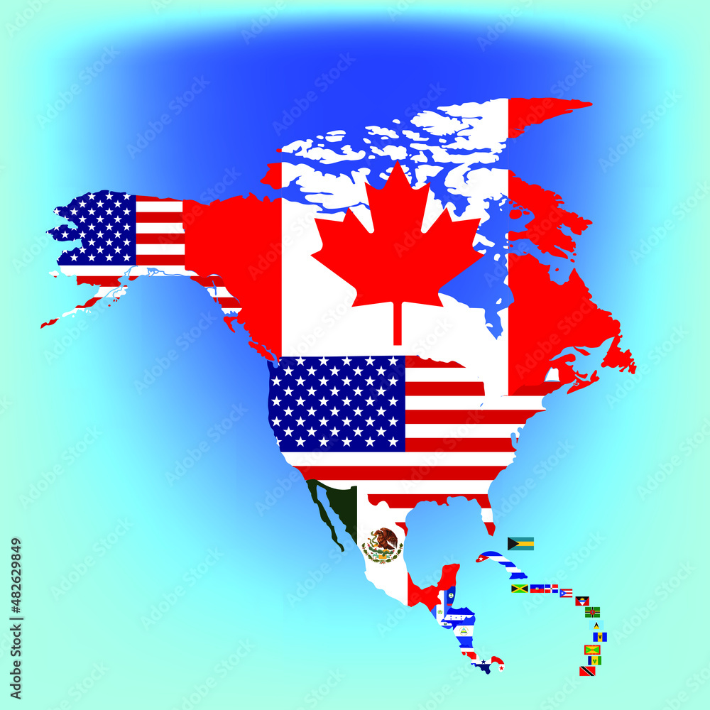 The continent of north america is filled with country flags. Vector ...