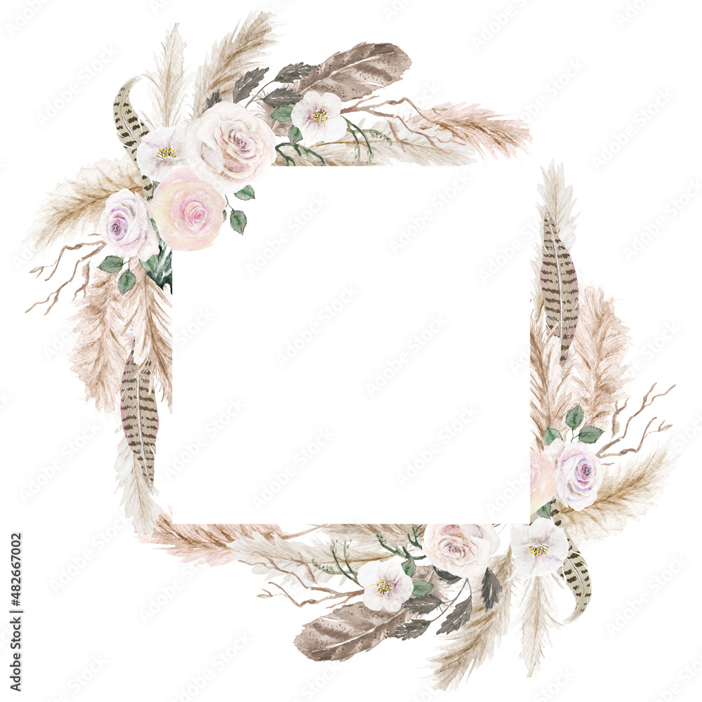 Pampas Grass Square Frame, Beige Flowers Composition isolated on white ...