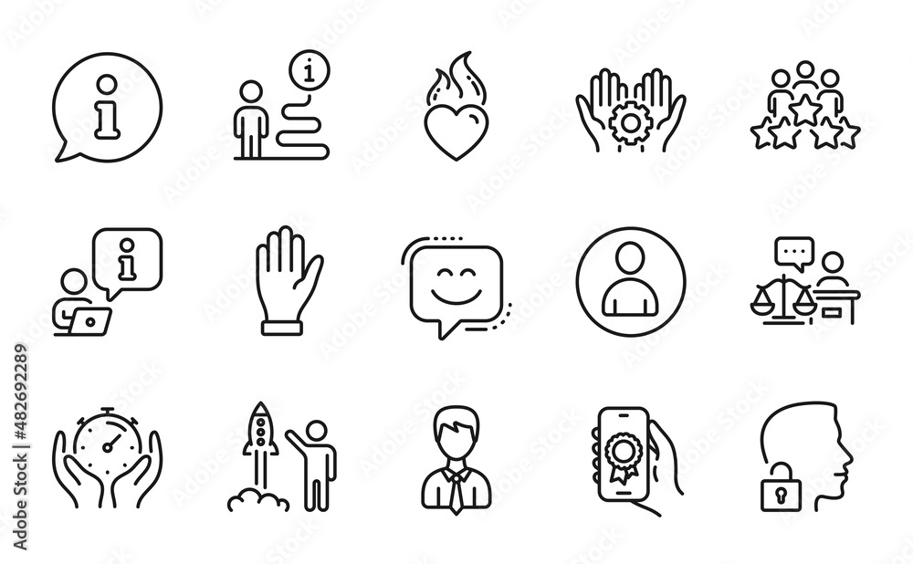 People icons set. Included icon as Award app, Hand, Unlock system signs ...