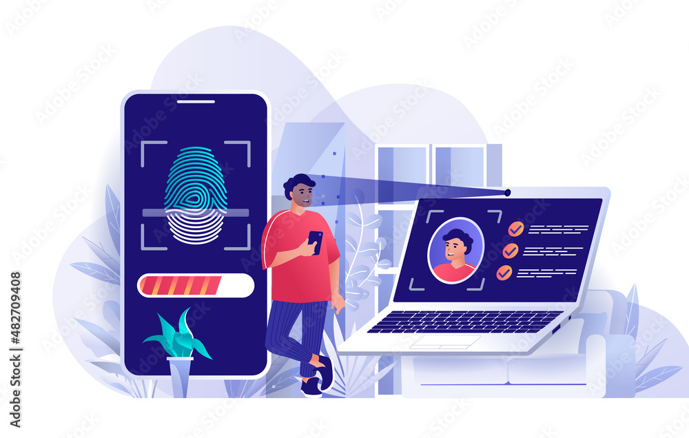 Biometric access control concept in flat design. User identification by ...