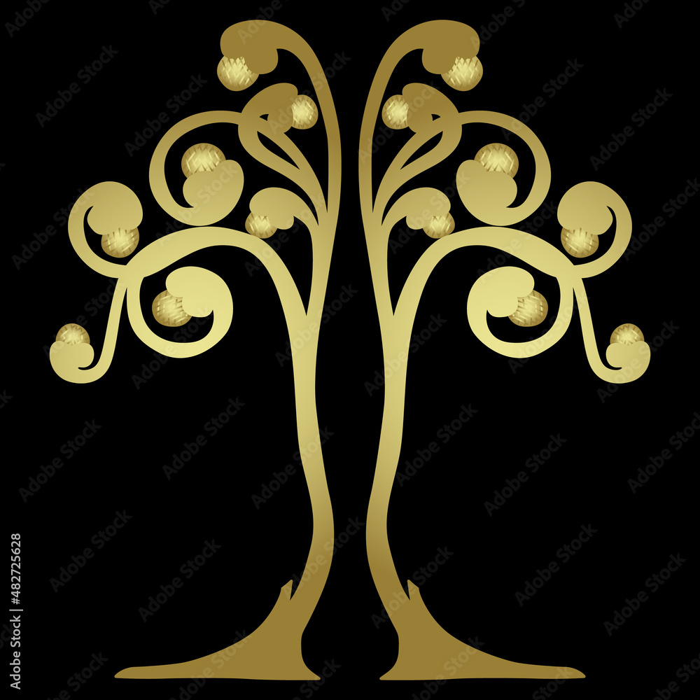 Symmetrical floral design. Stylized tree with swirl branches and fruits ...