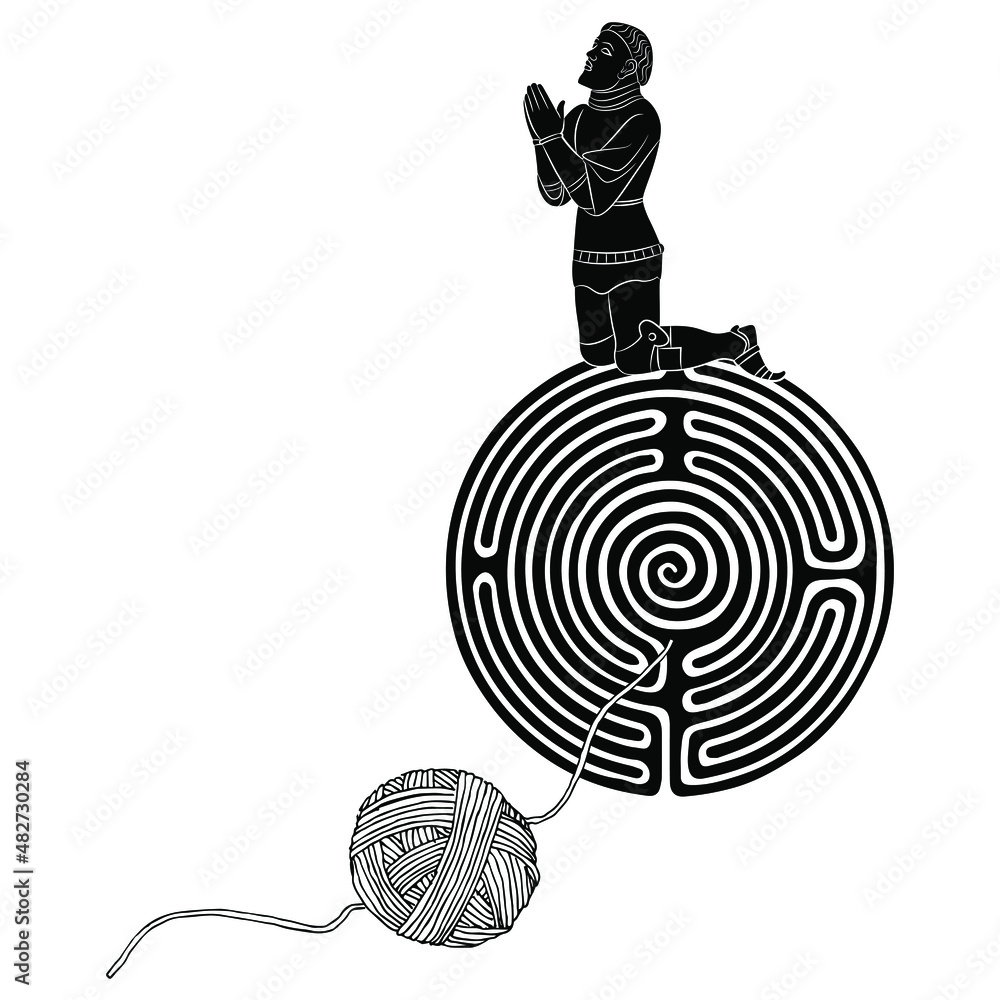 Kneeling medieval knight praying on top of a round spiral maze or ...