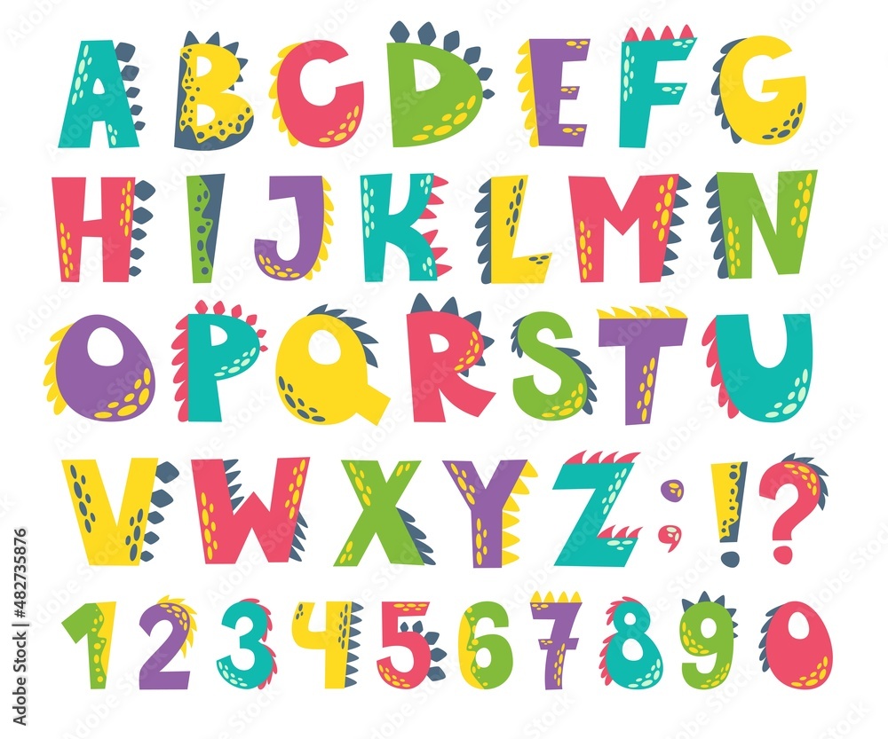 Children's alphabet in the style of dinosaurs. Letters and numbers. Set ...