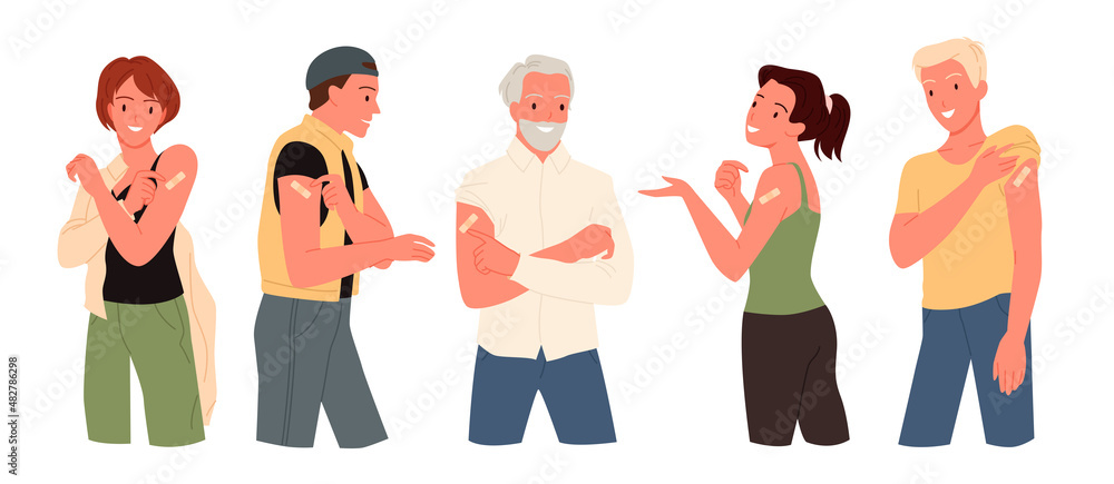 Cartoon vaccinated happy woman, man and teen characters after ...
