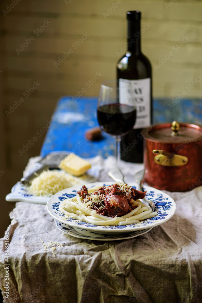 Rabbit rague with pasta..style rustic Stock Photo | Adobe Stock