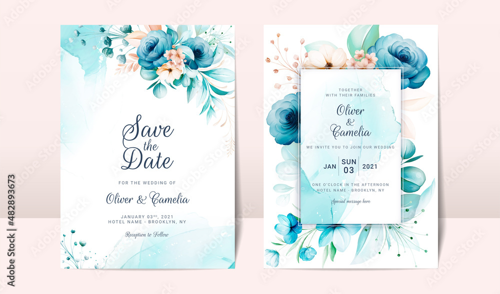 Blue wedding invitation card with watercolor floral decoration and ...