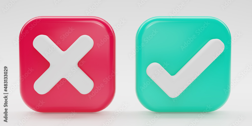 3D render Checkmark and X mark icon set. Checkmark right symbol, tick ...