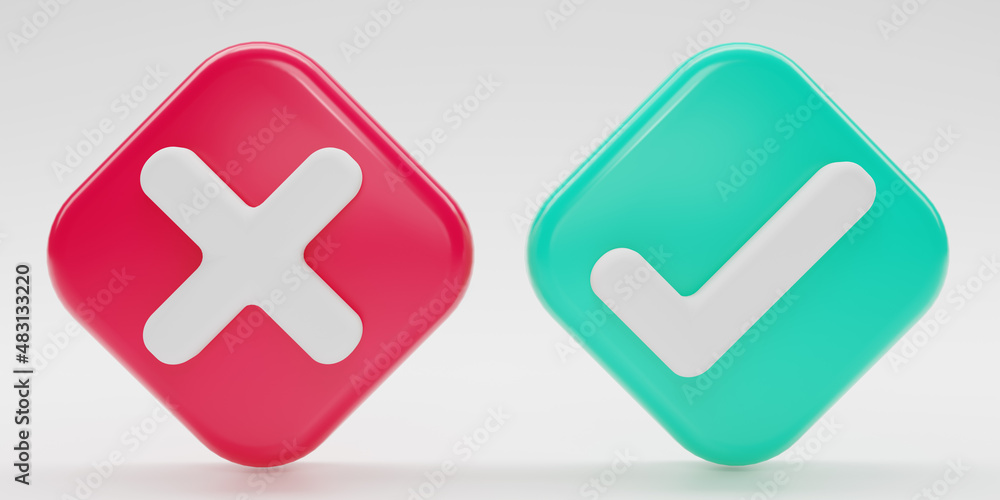 3D render Checkmark and X mark icon set. Checkmark right symbol, tick ...