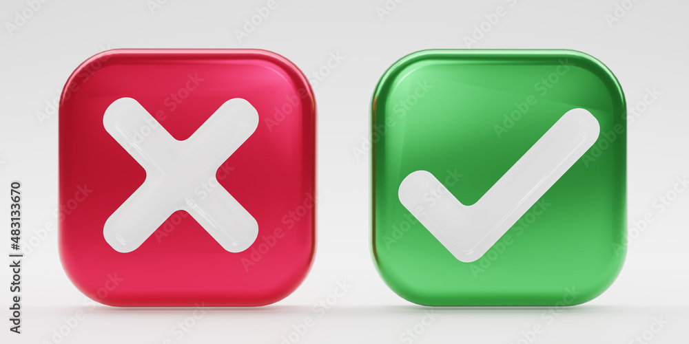 3D render Checkmark and X mark icon set. Checkmark right symbol, tick ...