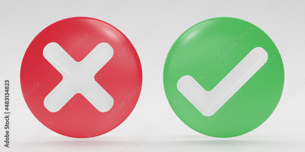 3D render Checkmark and X mark icon set. Checkmark right symbol, tick ...
