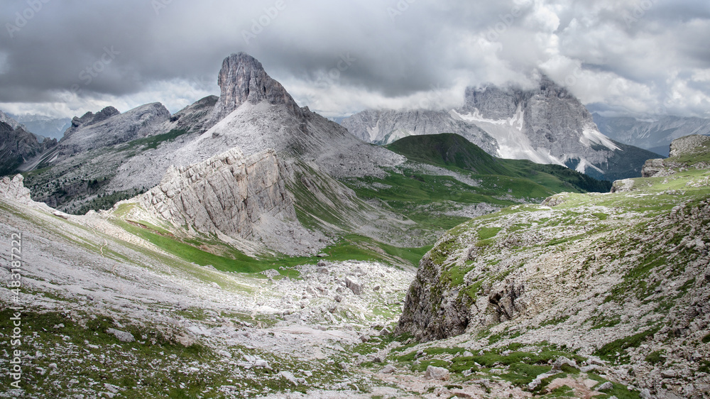 Peak of Becco di Mezzodi seen from a trail going up Forcella Rossa di ...